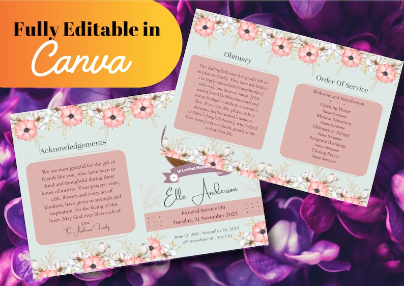 Editable Funeral Program Template, Floral Memorial Program, Memorial ...
