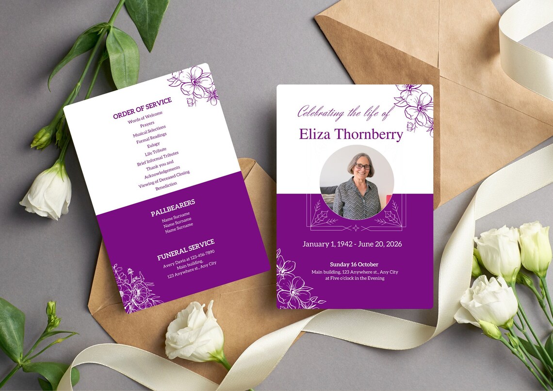 Editable Purple Funeral Program Template | Funeral Memorial ...