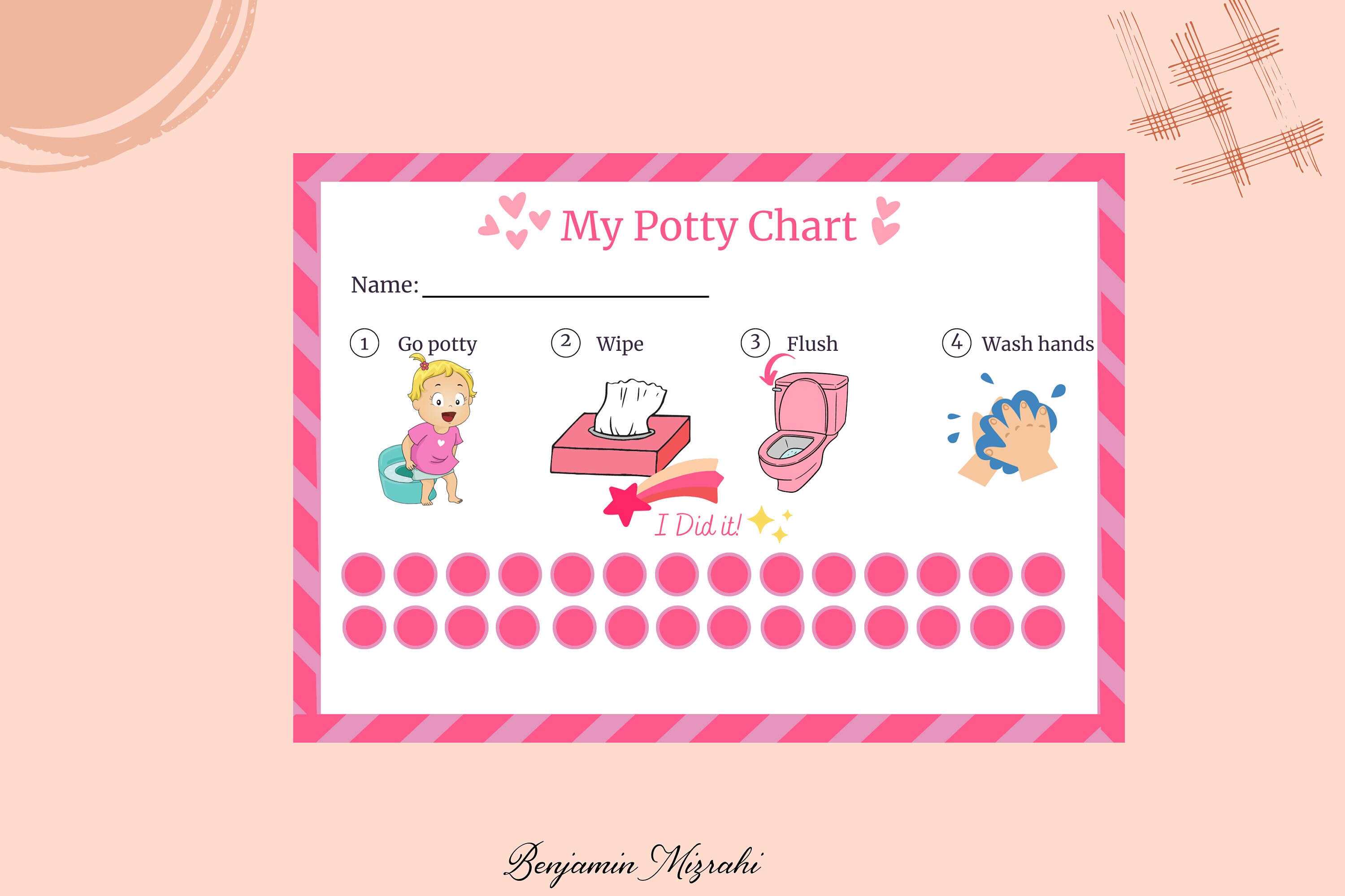Pink Heart Tone Potty Training Chart for Kids Step by Step Toilet ...