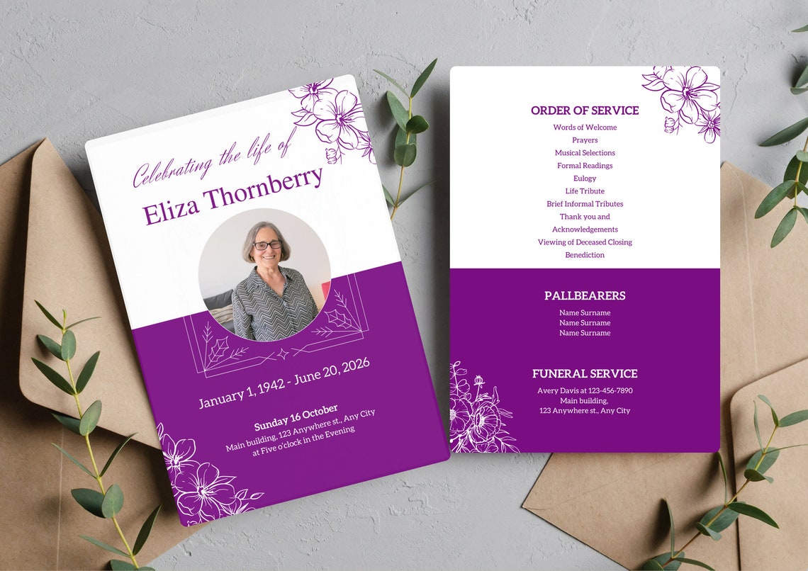 Editable Purple Funeral Program Template | Funeral Memorial ...