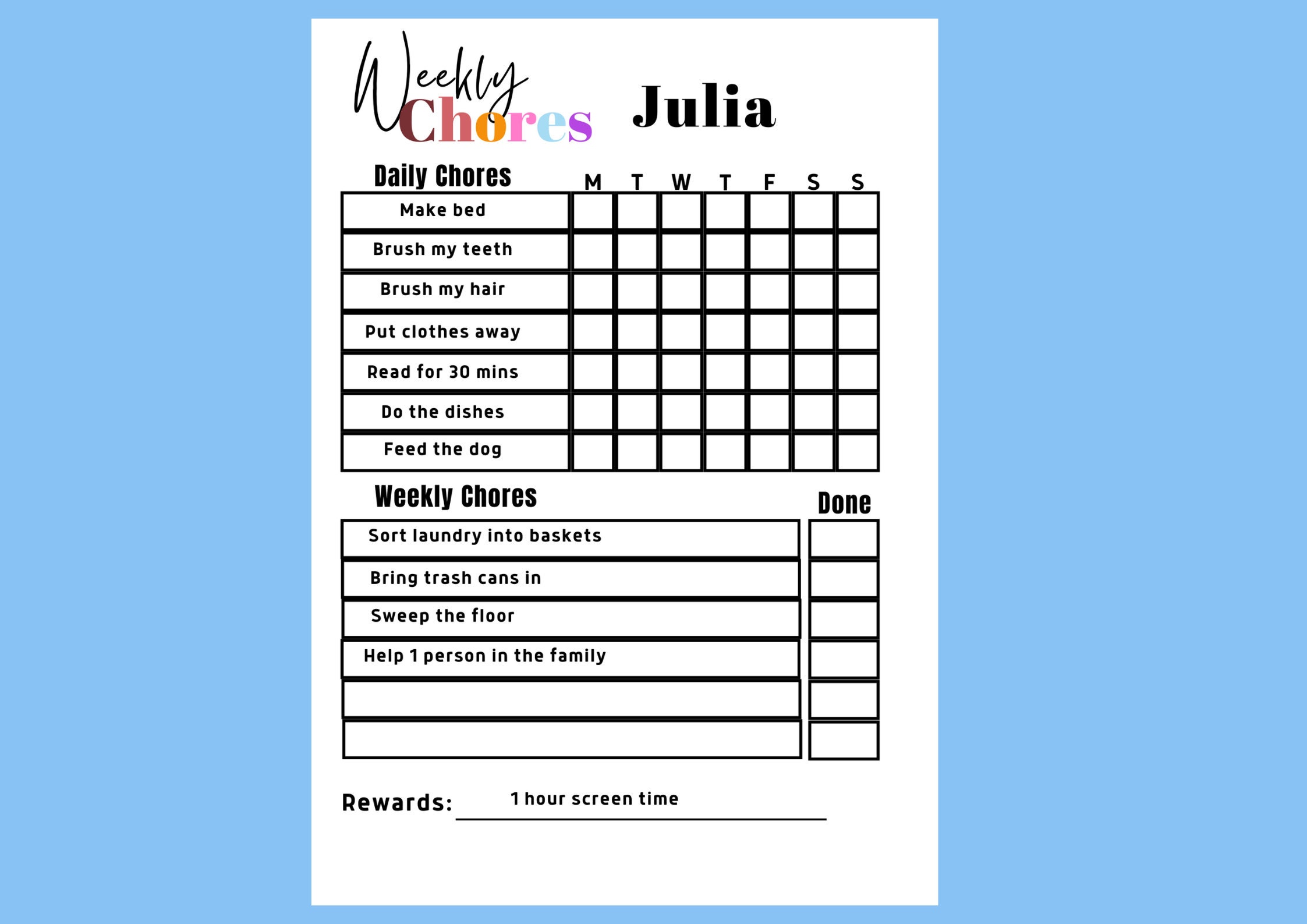 Weekly Chore Chart Editable With Rewards Daily Responsibility Chart ...