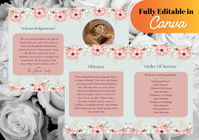 Editable Funeral Program Template, Floral Memorial Program, Memorial ...
