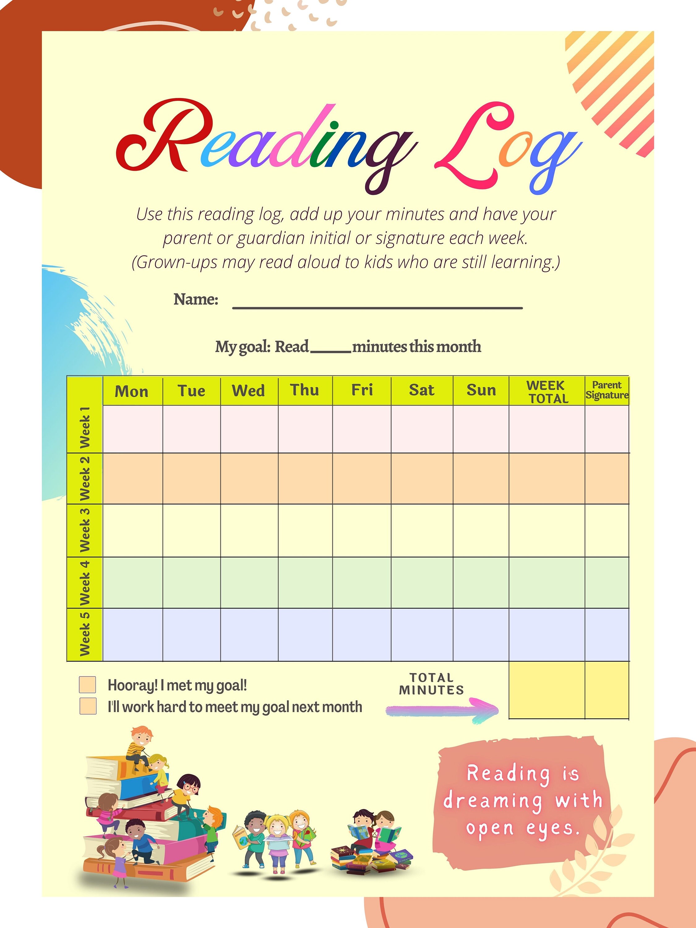 Kids Reading Log, Printable Kid Journal, Learning Incentive, Instant ...