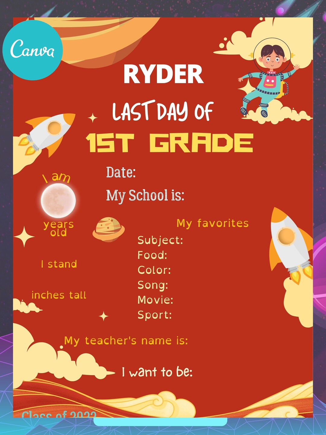 Editable First or Last Day of School - Any Grade Sign for Boy or Girl ...