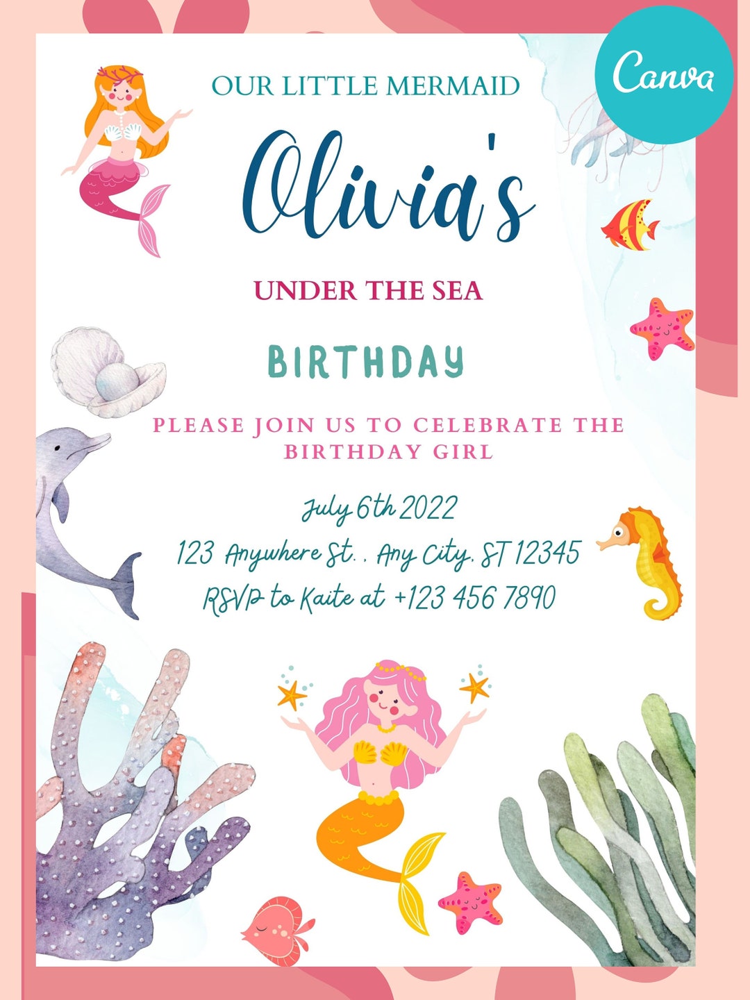 Editable Mermaid Birthday Invitation, Canva Template (digital Download ...