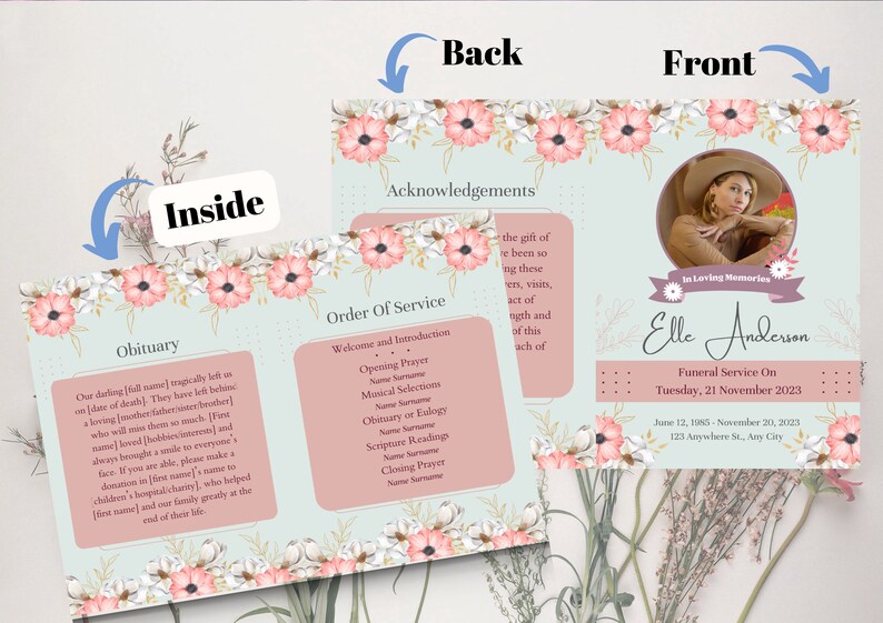 Editable Funeral Program Template, Floral Memorial Program, Memorial ...