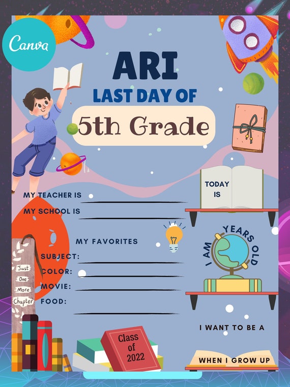 Editable First or Last Day of School 5th Grade Sign for Boy - Etsy