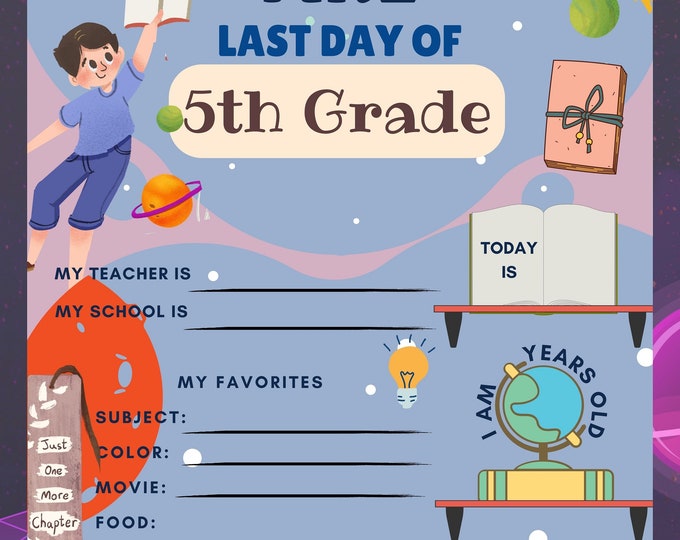 Editable First or Last Day of School 5th Grade Sign for Boy or Girl ...