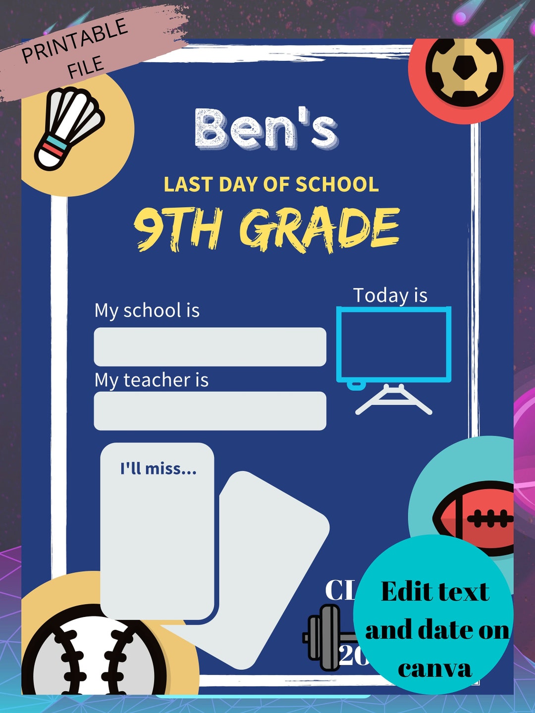 Editable 9th Grade School Sign - First or Last Day (digital Download ...