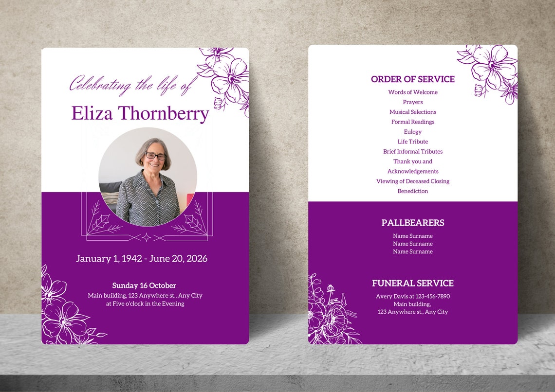 Editable Purple Funeral Program Template | Funeral Memorial ...