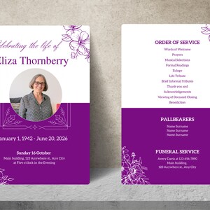 Editable Purple Funeral Program Template | Funeral Memorial ...