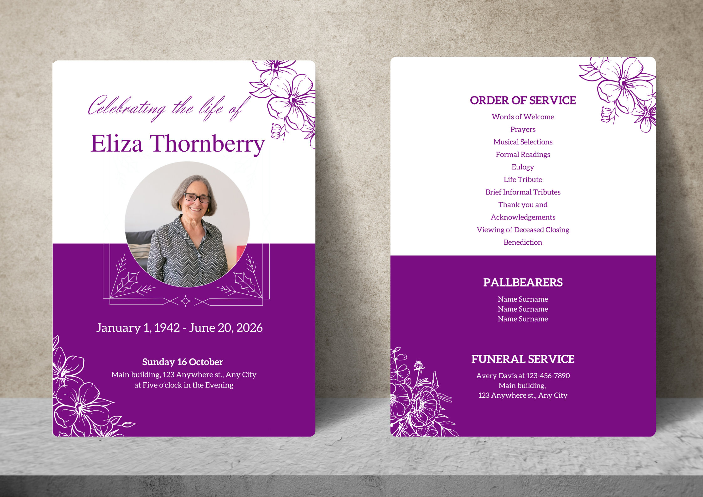 Editable Purple Funeral Program Template | Funeral Memorial ...