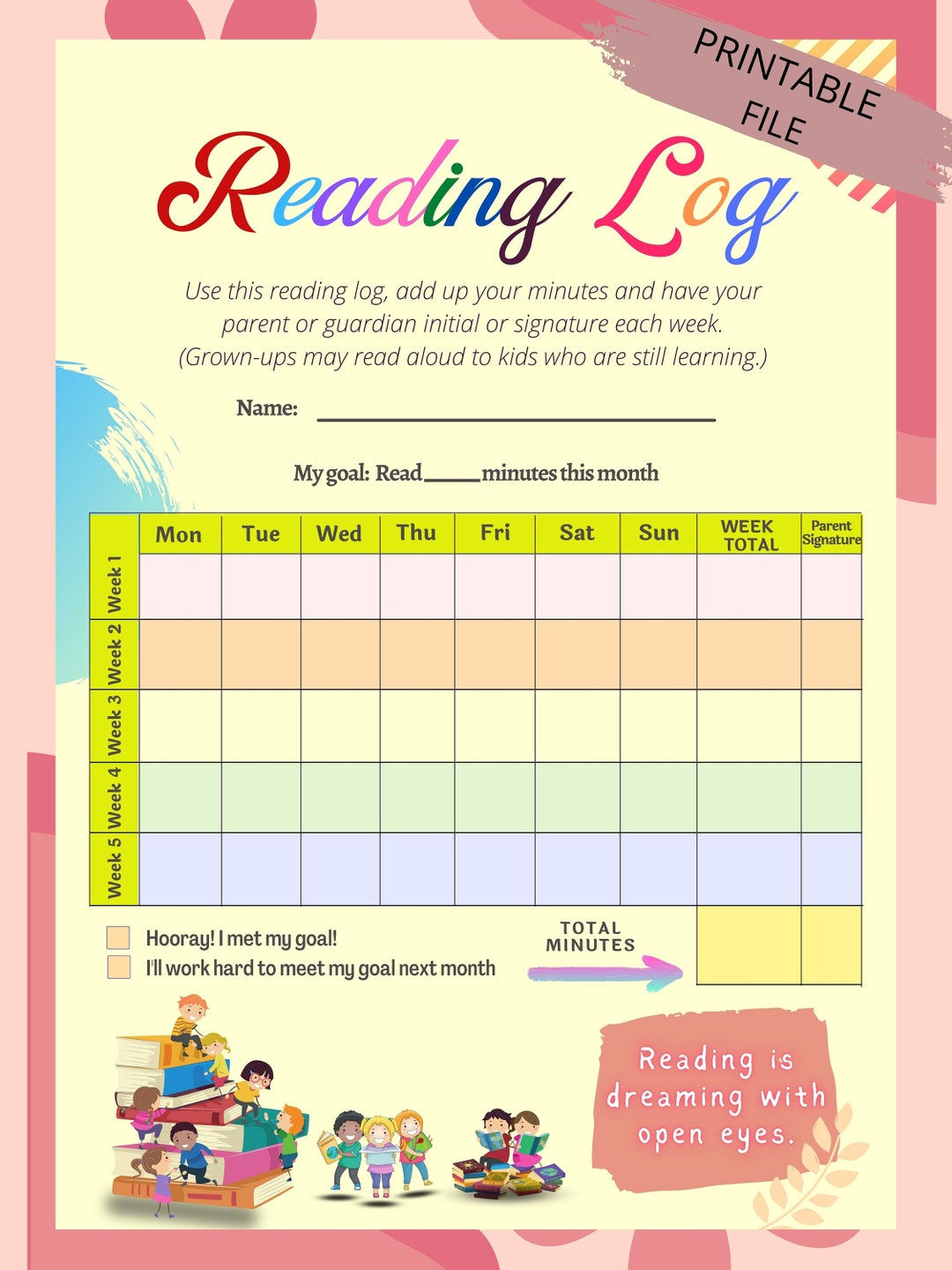 Kids Reading Log Printable Kid Journal Learning Incentive - Etsy