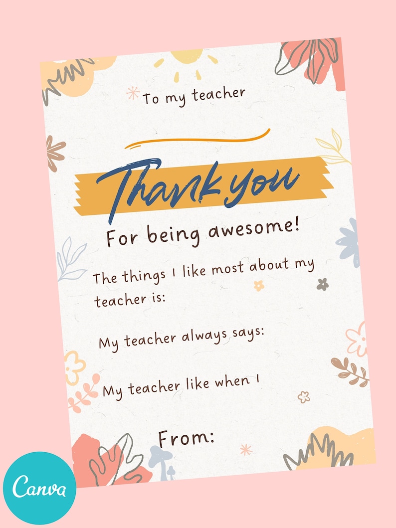 Editable Teacher Thank You Card, Appreciation Gift (digital) - Etsy