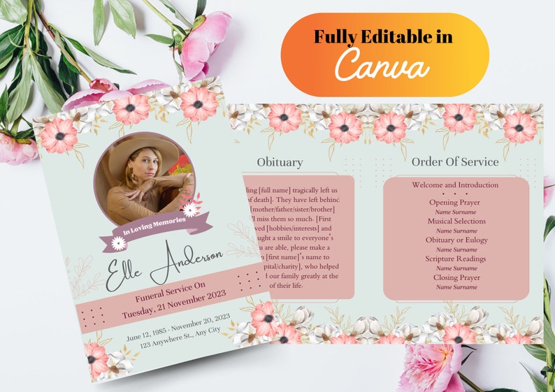 Editable Funeral Program Template, Floral Memorial Program, Memorial ...