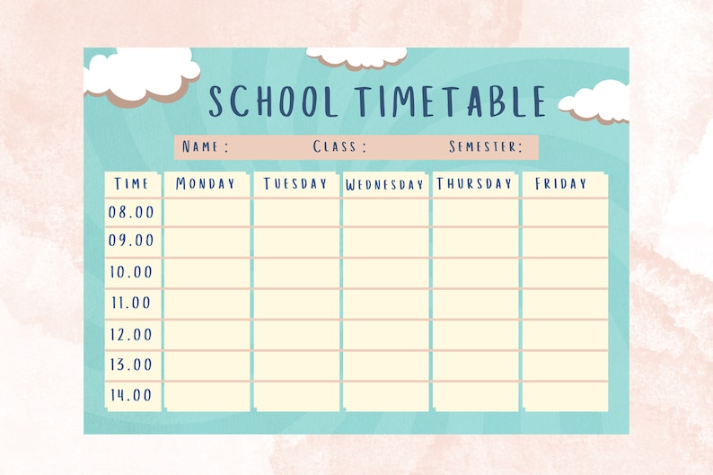 Editable School Timetable for Kids | Cloud Theme | Printable School ...