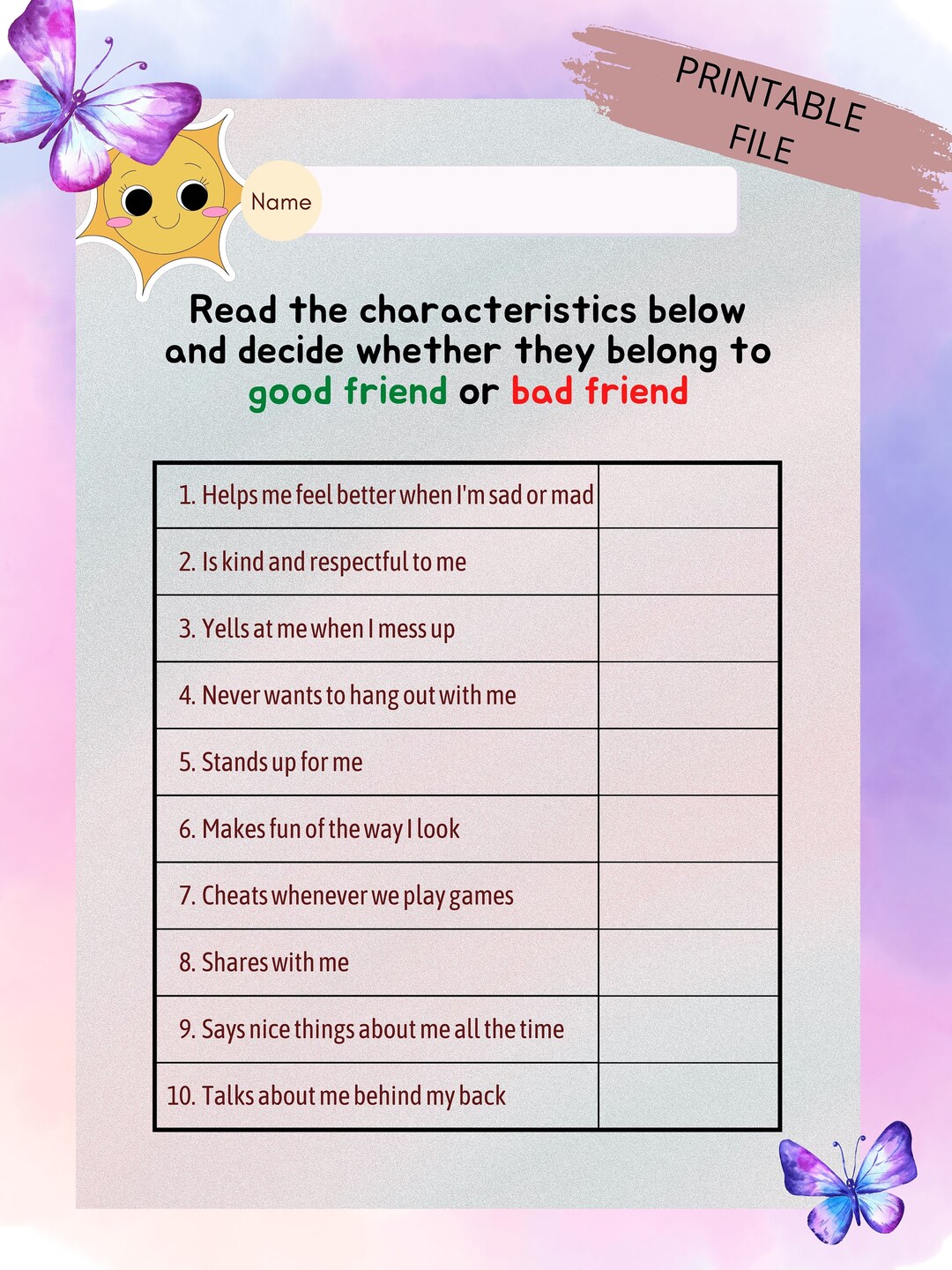 Good Vs Bad Friends Poster – Social Skills Printable Activity (PDF) - Etsy