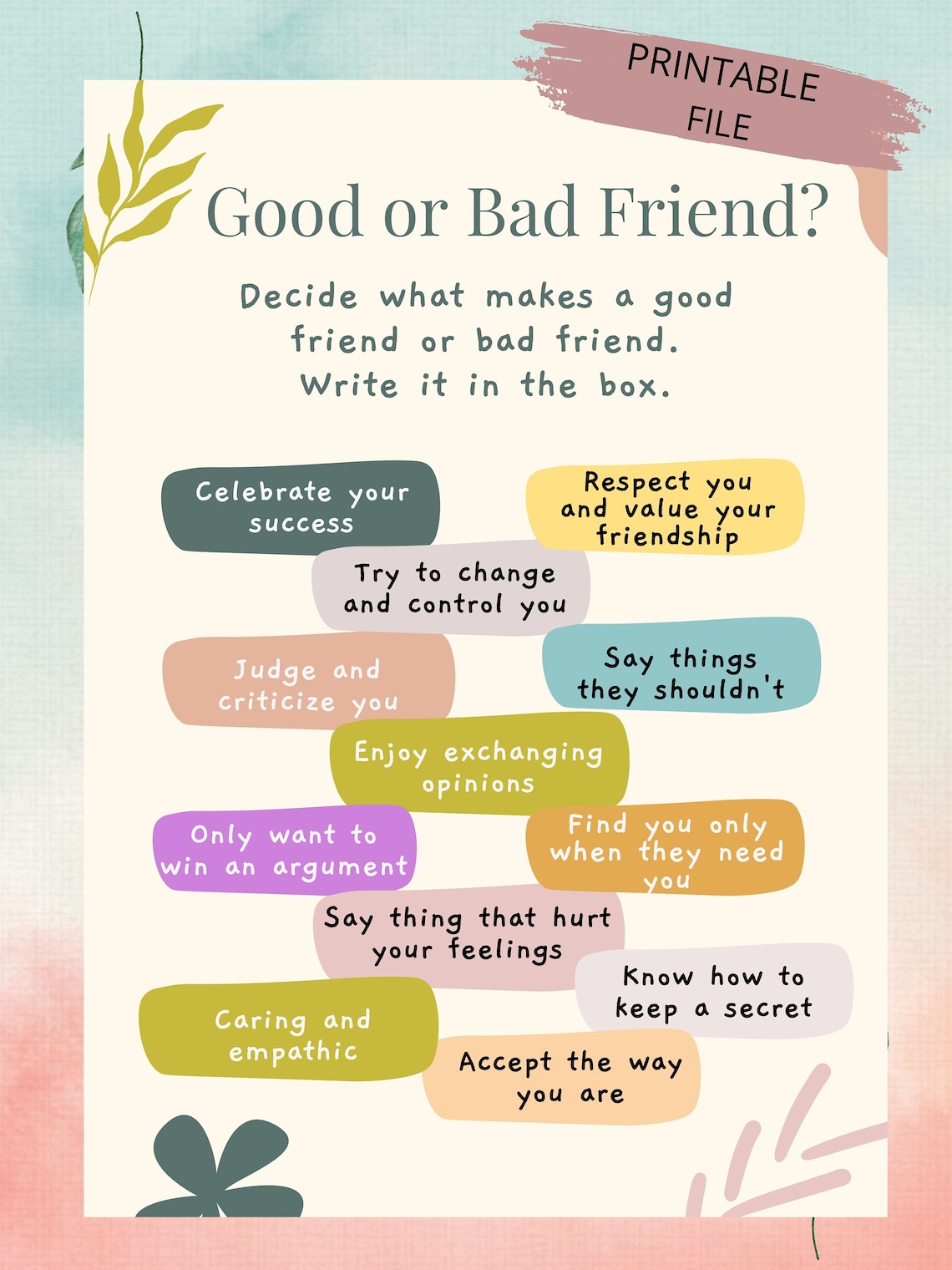 Good Vs Bad Friends Poster PRINTABLE Social Emotional Learning Skills ...
