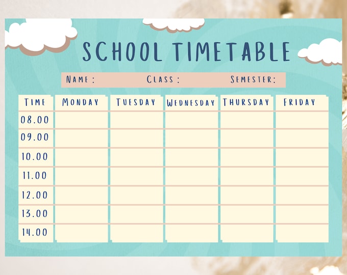Editable School Timetable for Kids Cloud Theme Printable School ...