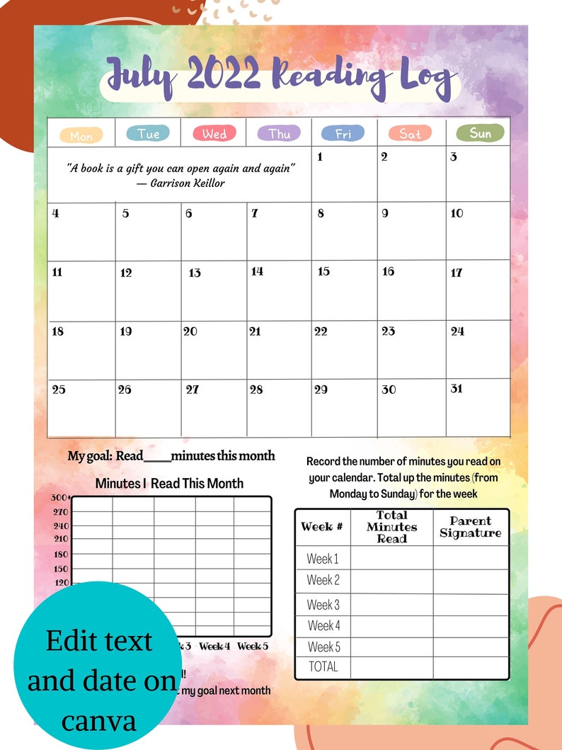 Kids Reading Log, Printable Kid Journal, Learning Incentive, Instant ...