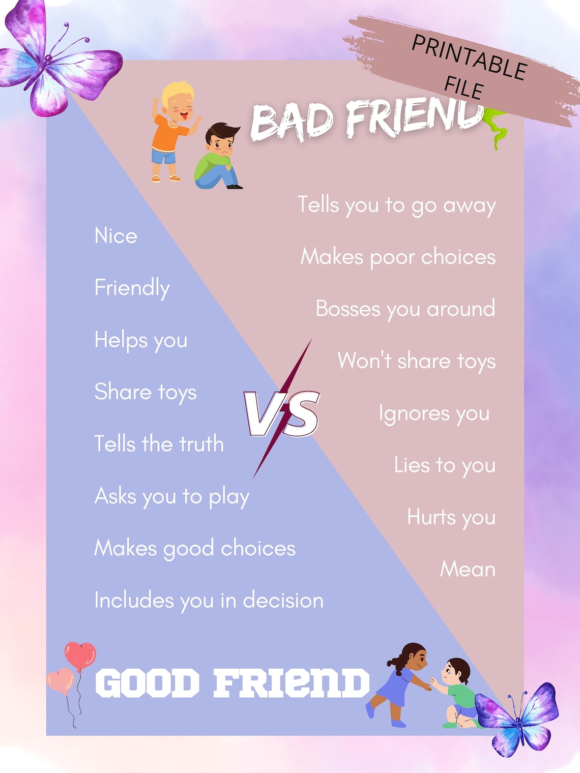 Good Vs Bad Friends Poster - PRINTABLE Emotional Learning Social Skills ...