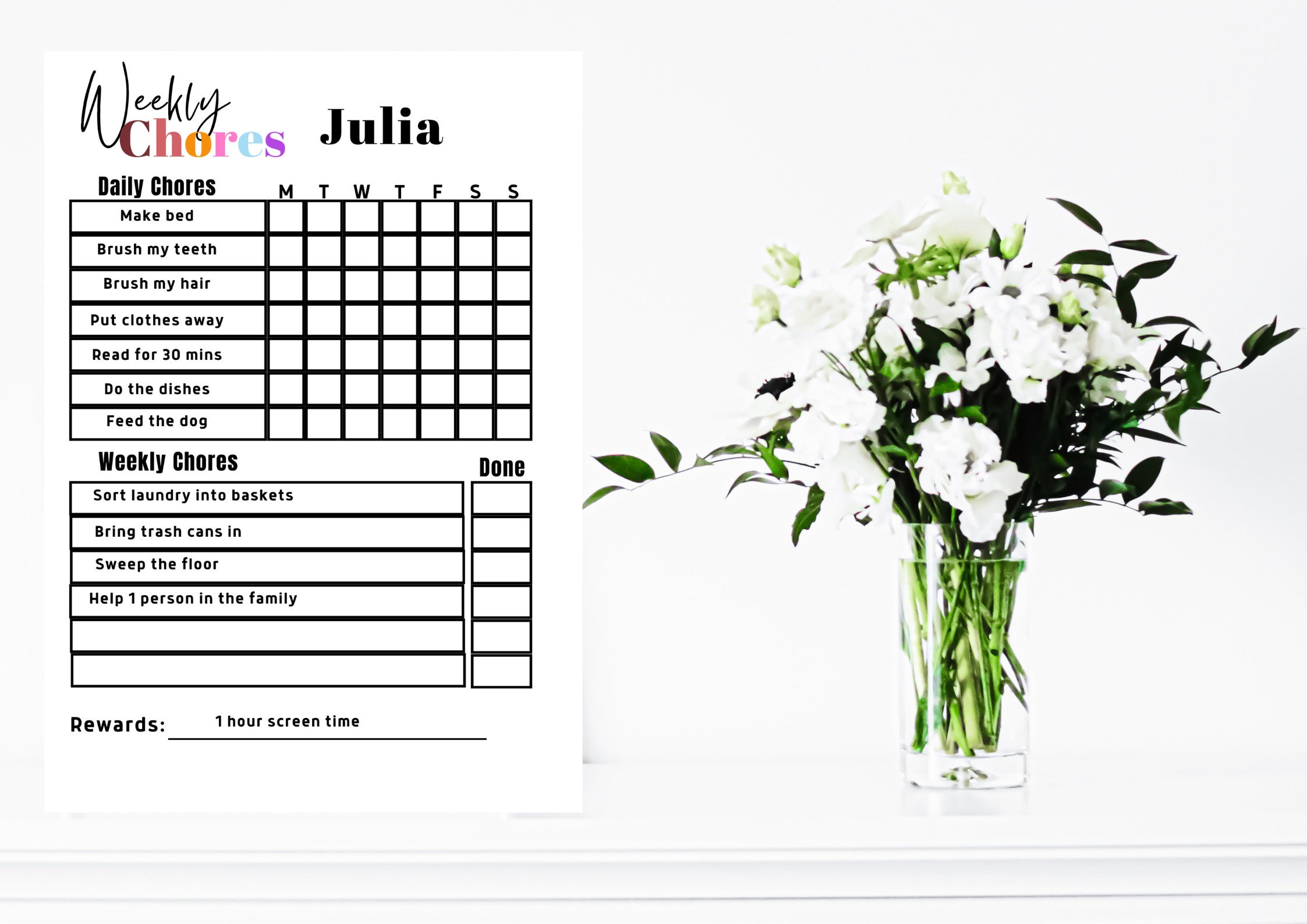 Weekly Chore Chart Editable With Rewards Daily Responsibility Chart ...