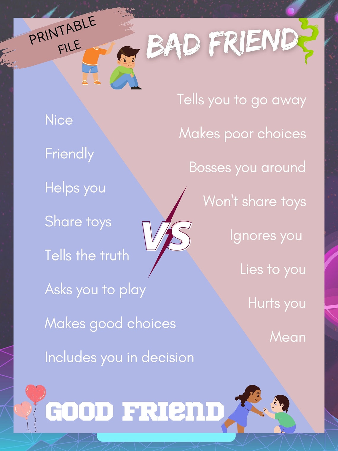 Good Vs Bad Friends Poster PRINTABLE Emotional Learning Social Skills ...