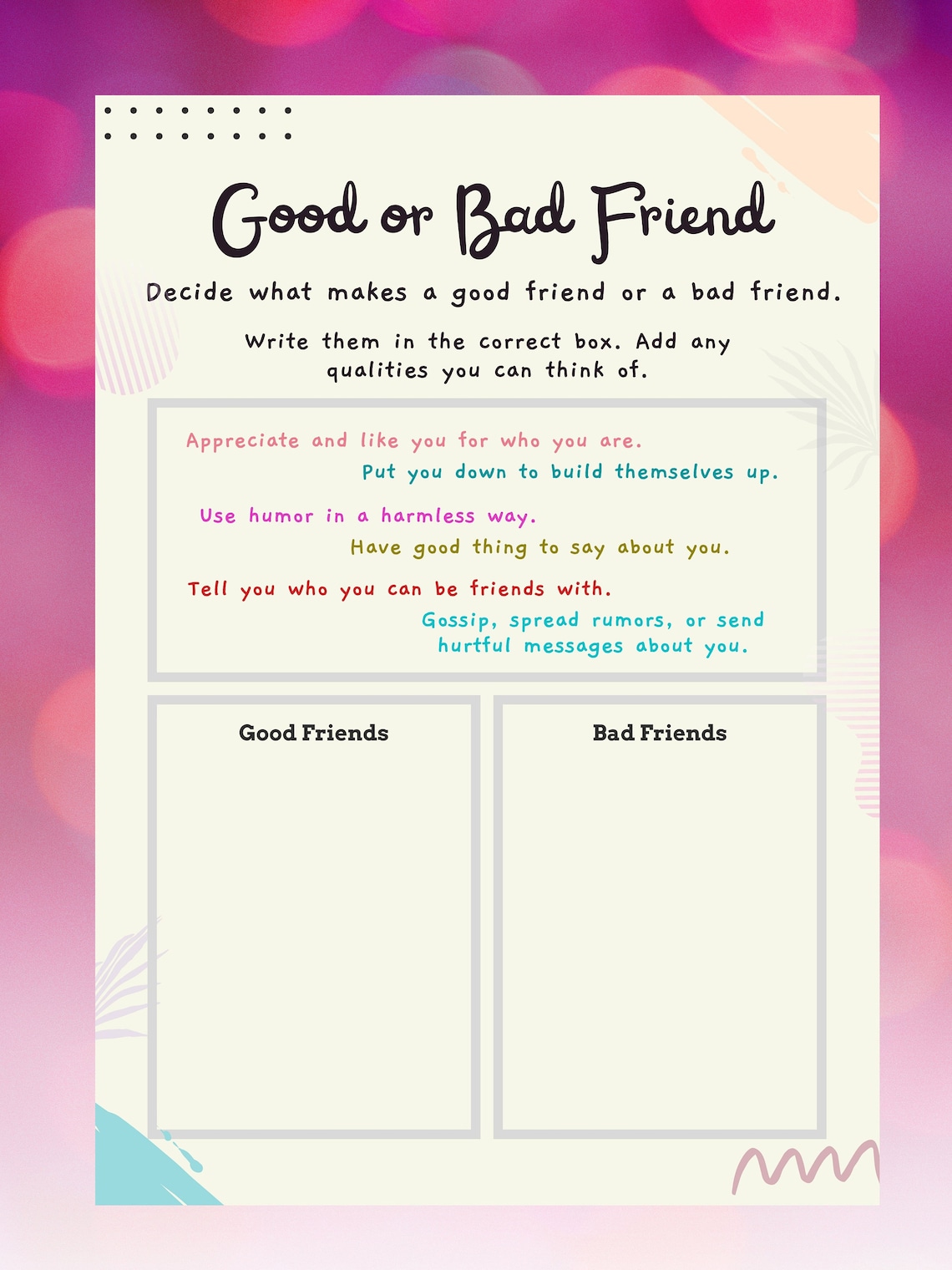 Good Vs Bad Friend Poster – Social Skills Worksheet (printable) - Etsy