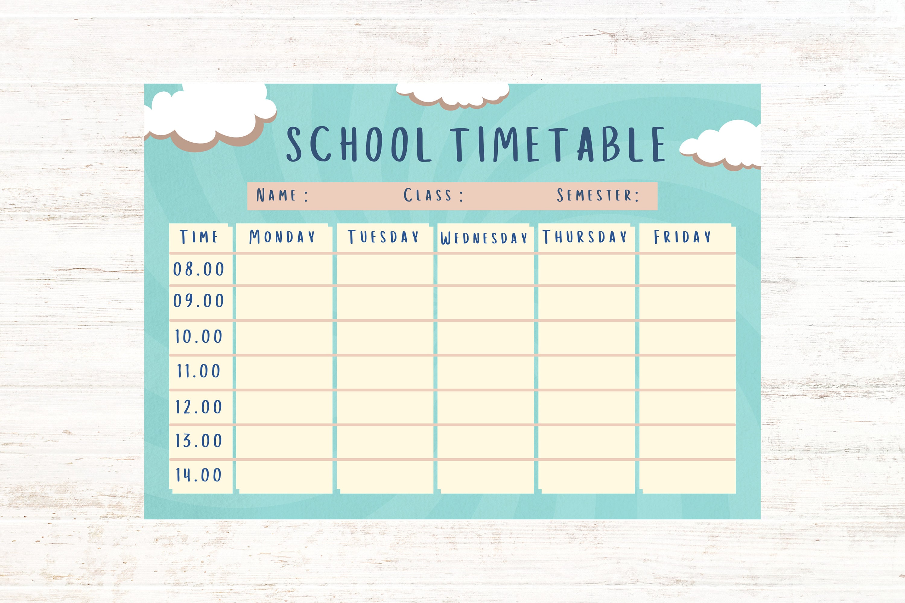 Editable School Timetable for Kids | Cloud Theme | Printable School ...