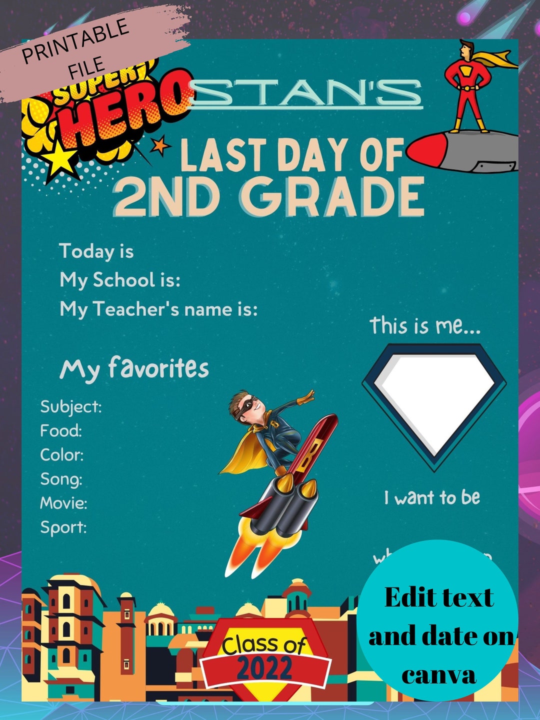 Editable First or Last Day of School 2nd Grade Boy or Girl Cute ...