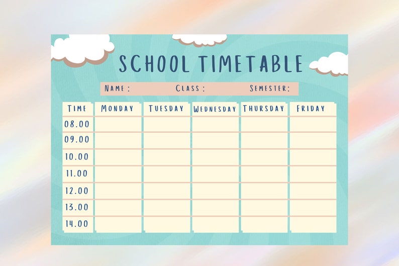 Editable School Timetable for Kids | Cloud Theme | Printable School ...