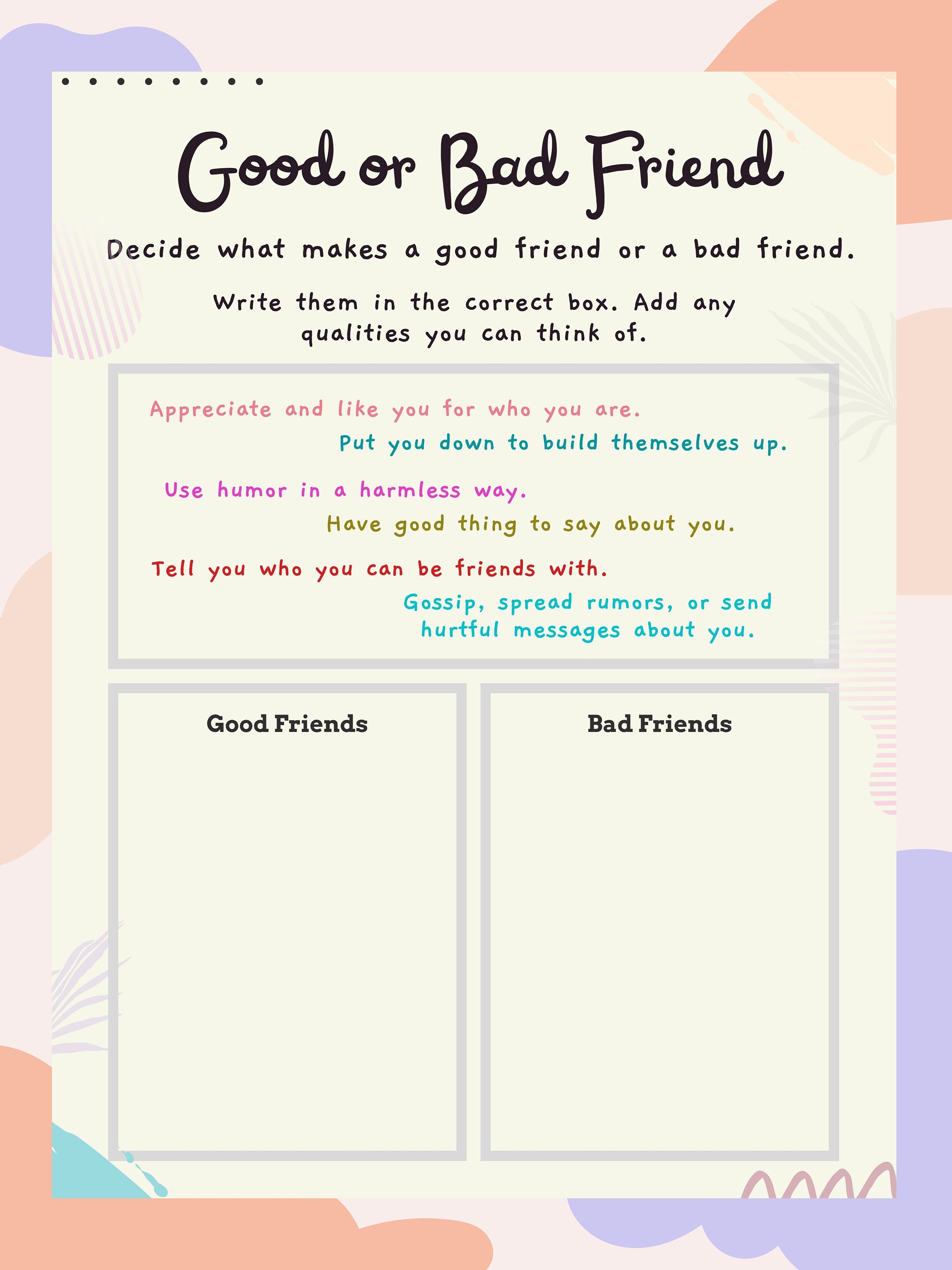 Good Vs Bad Friend Poster – Social Skills Worksheet (printable) - Etsy