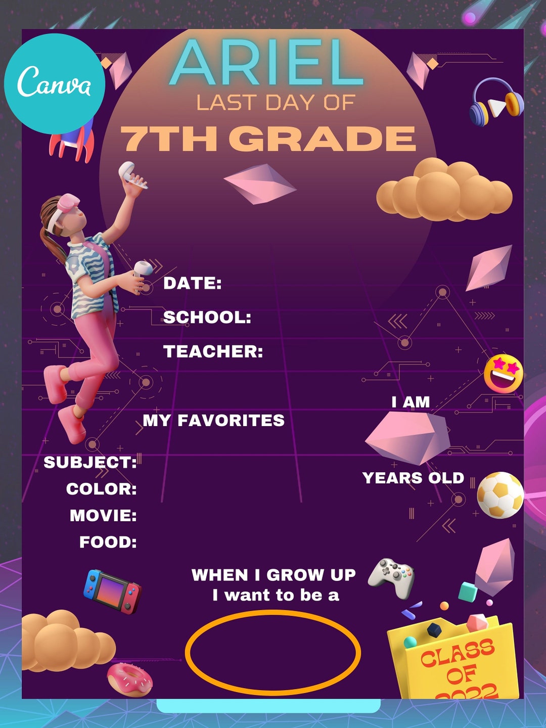 Editable First or Last Day of School - 7th Grade Sign for Boy or Girl ...