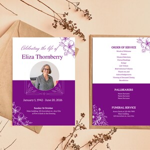 Editable Purple Funeral Program Template | Funeral Memorial ...