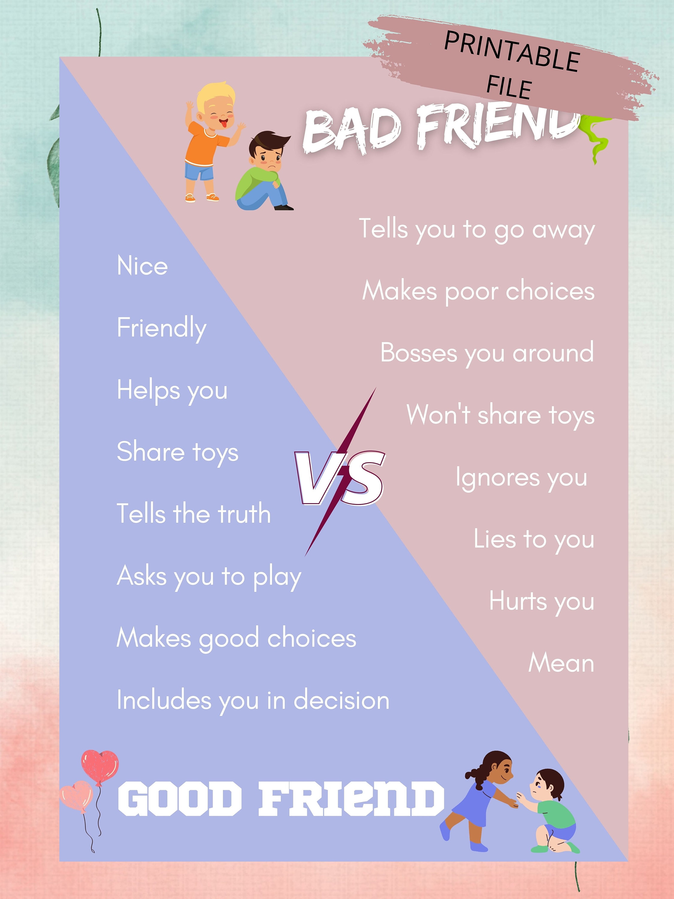 Good Vs Bad Friends Poster PRINTABLE Emotional Learning Social Skills ...