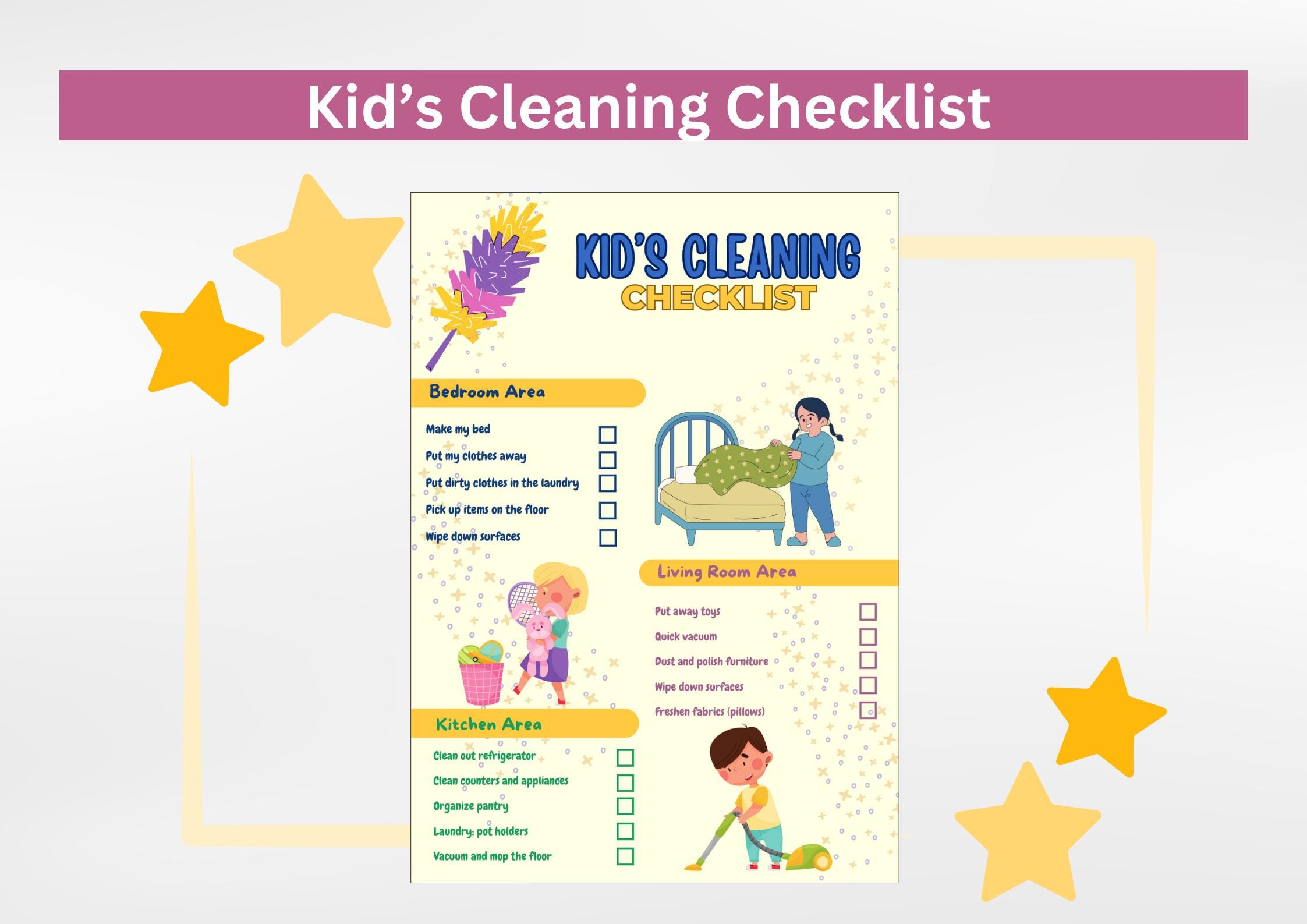 Kid's Cleaning Checklist | Printable Cleaning Checklist | Kids Cleaning ...