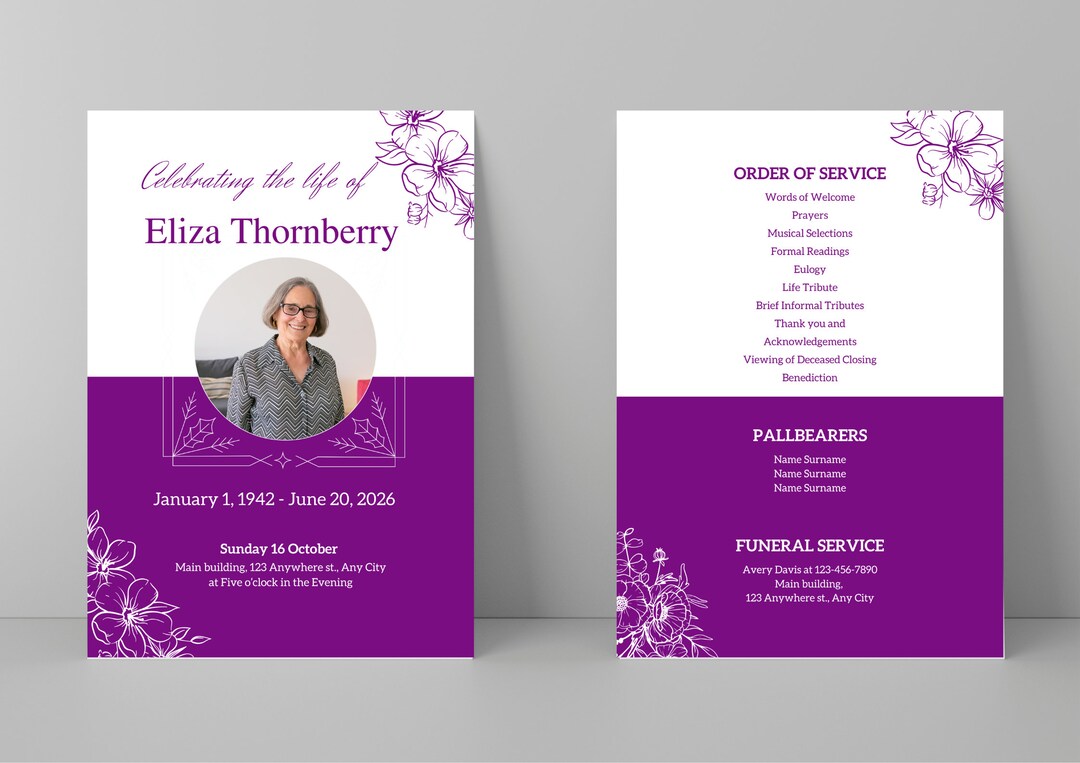 Editable Purple Funeral Program Template | Funeral Memorial ...