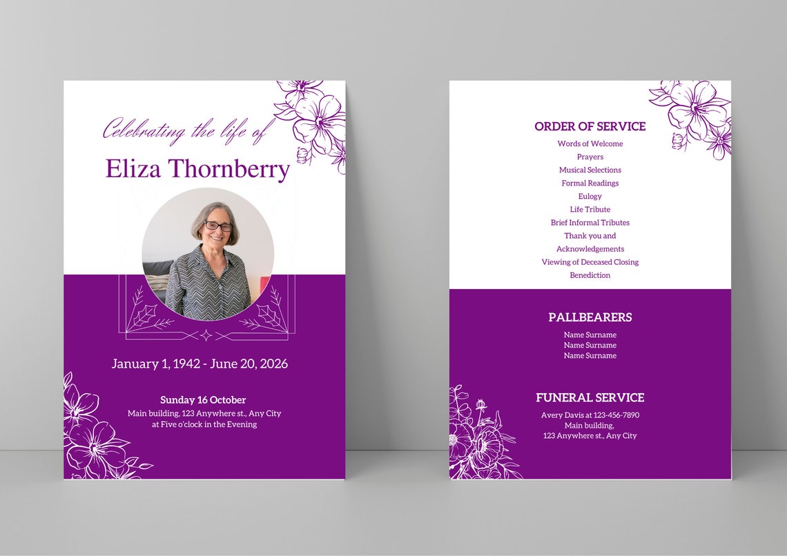 Editable Purple Funeral Program Template | Funeral Memorial ...