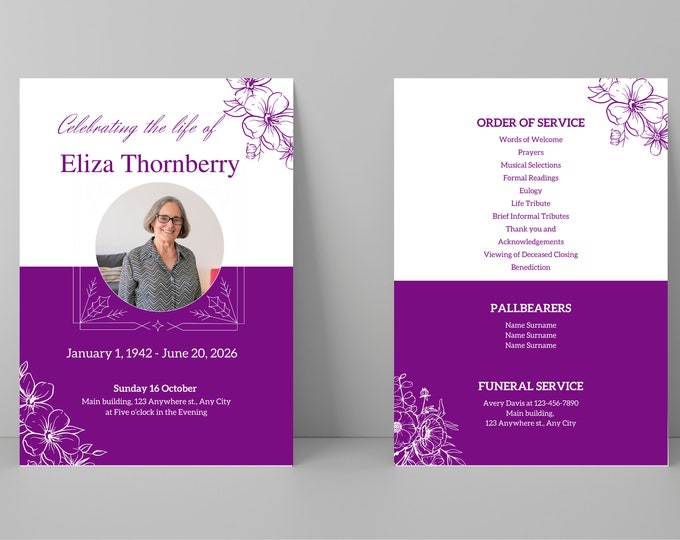 Editable Purple Funeral Program Template Funeral Memorial Celebration ...