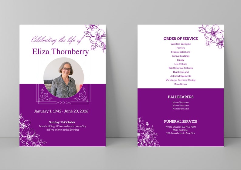 Editable Purple Funeral Program Template | Funeral Memorial ...