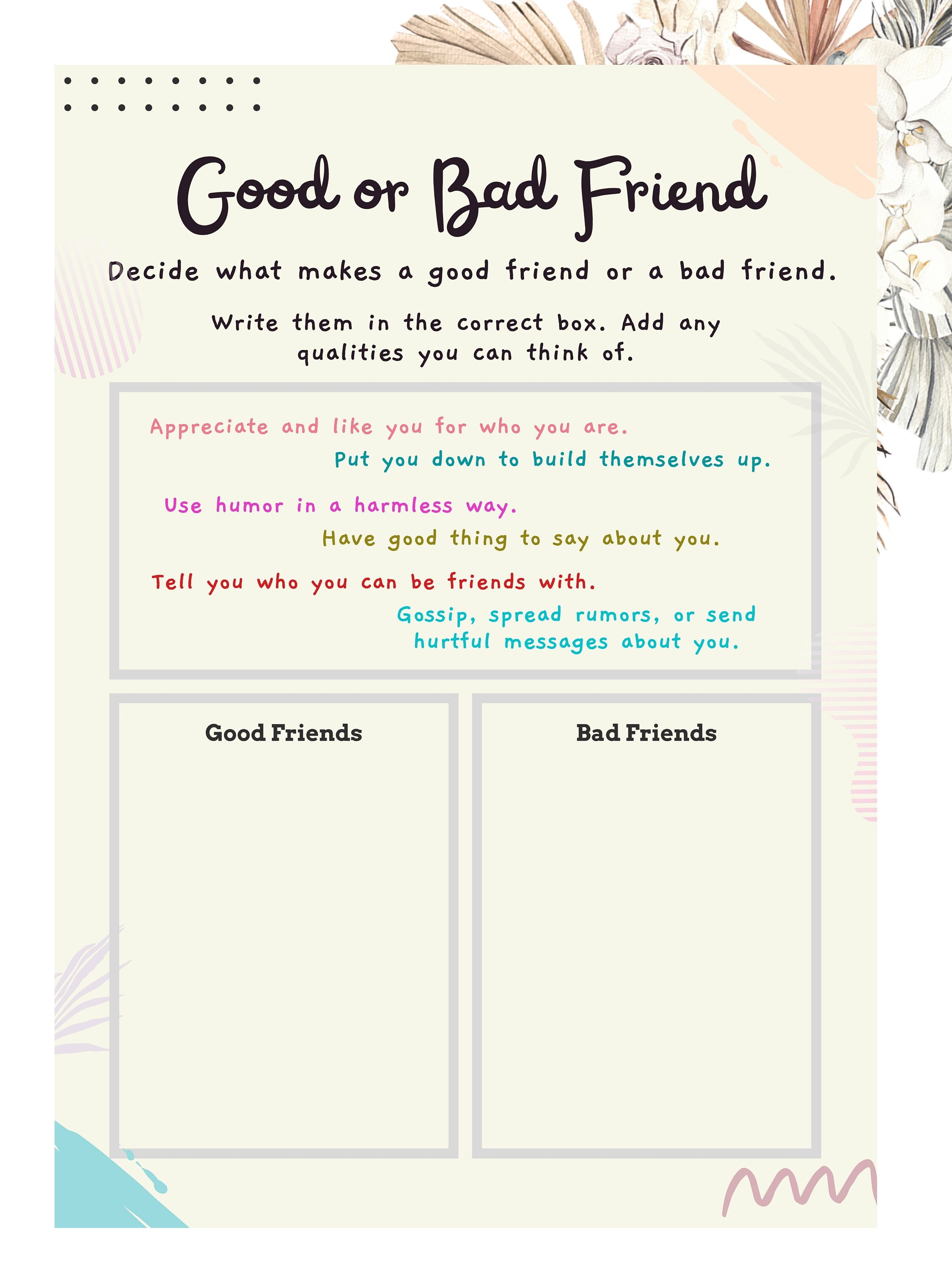 Good Vs Bad Friends Poster - PRINTABLE Emotional Learning Social Skills ...