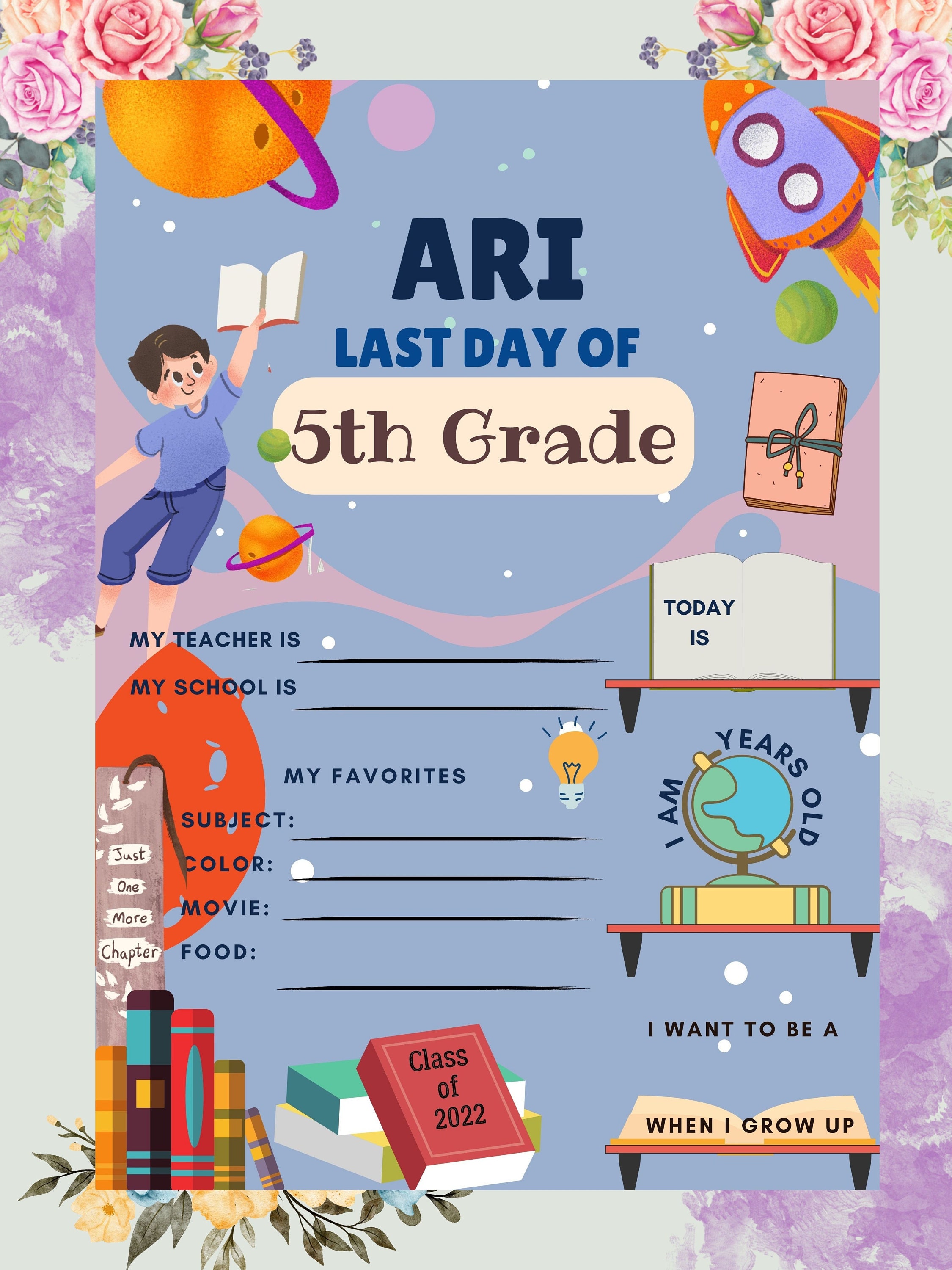 Editable First or Last Day of School 5th Grade Sign for Boy or Girl ...