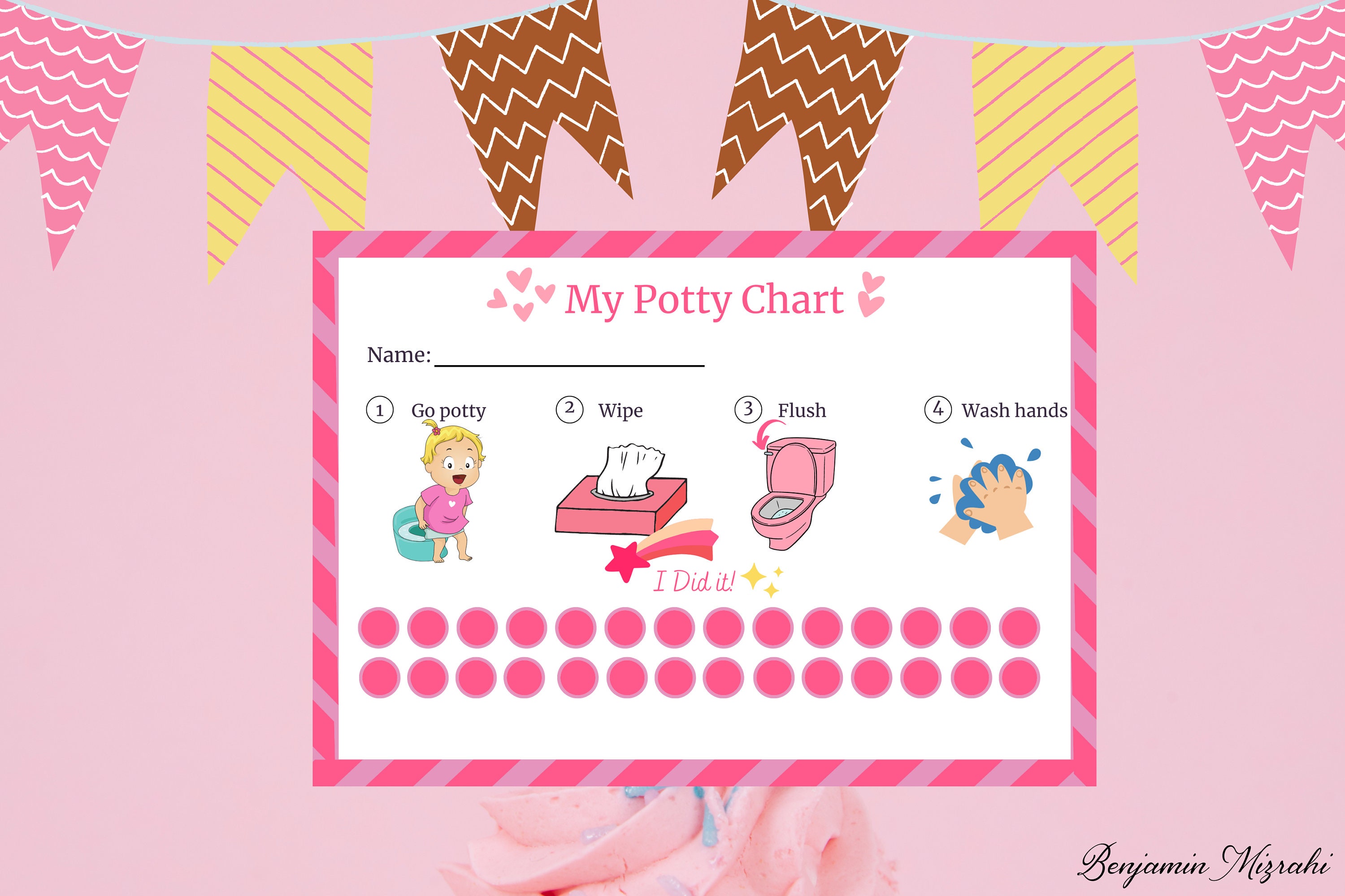 Pink Heart Tone Potty Training Chart for Kids - Step by Step Toilet ...