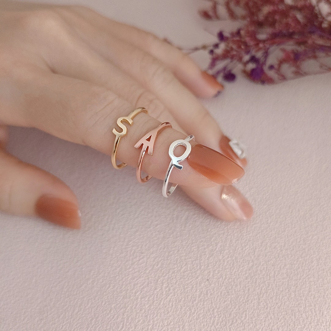 Dainty Initial Ring • Skinny Letter Ring • Custom Initial Ring • Stacking Ring • Letter Ring ...
