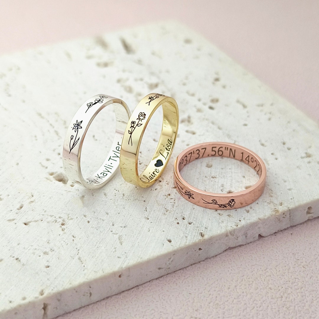 Customized Birth Month Flower Ring • Month Flower Ring • Engraved Ring ...