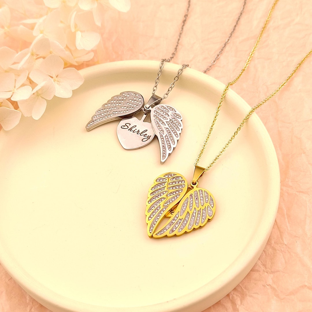 Custom Hidden Name Necklace • Guardian Angel Wings Necklace • Engraved ...