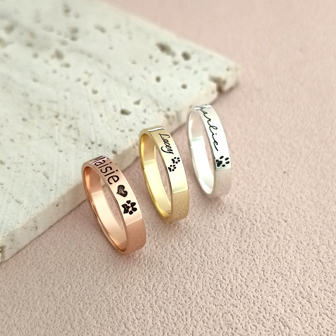 Custom Pet Paw Print Ring • Name Ring • Minimalist Ring • Engraved Ring ...