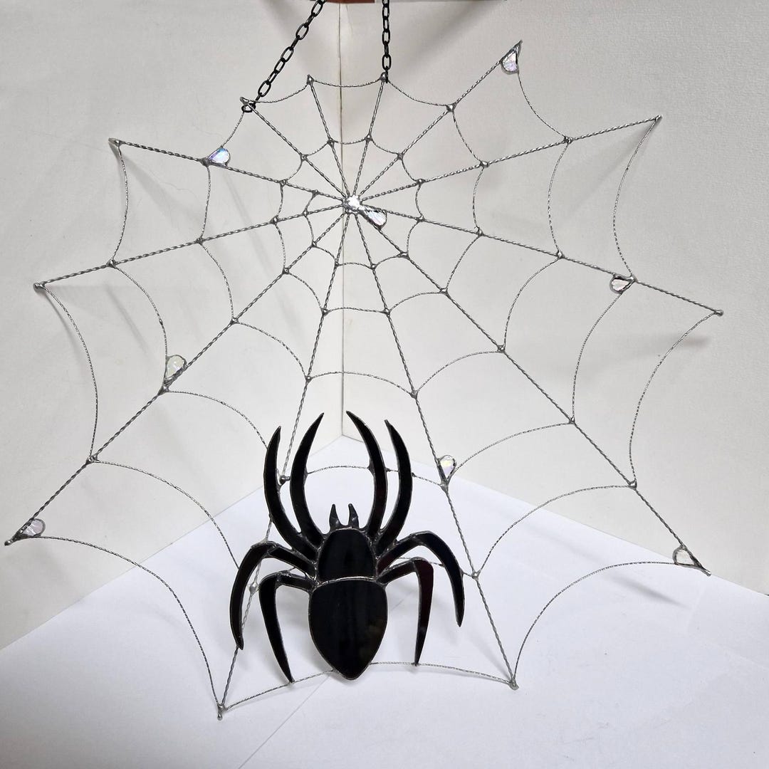 Spiderweb With a Big Spider Stained Glass Halloween Suncatcher Window ...