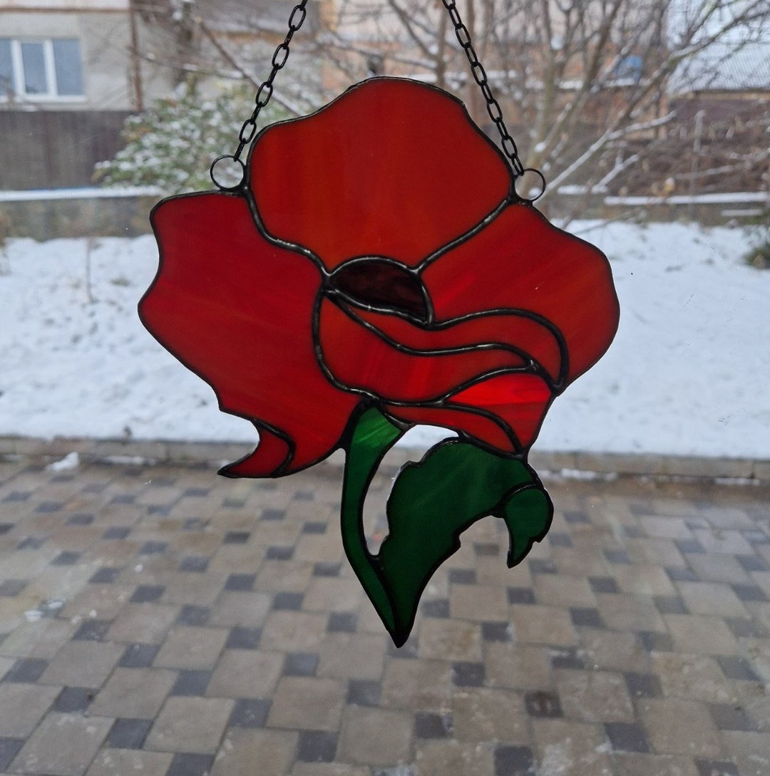 Red Poppy Stained Glass Suncatcher Wildflowers Window Panel - Etsy