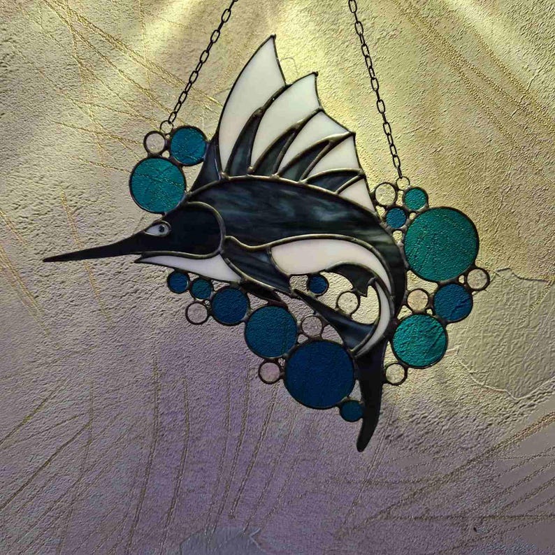 Stained Glass Marlin Sailfish Sword Fish Window Wall Hanging Panel ...